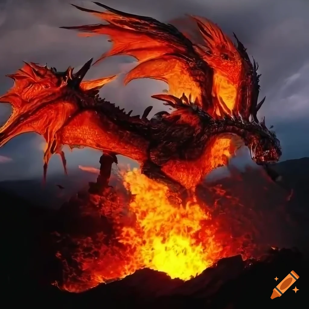 Magnificent dark dragon in a fiery volcanic lair with chaos in the ...