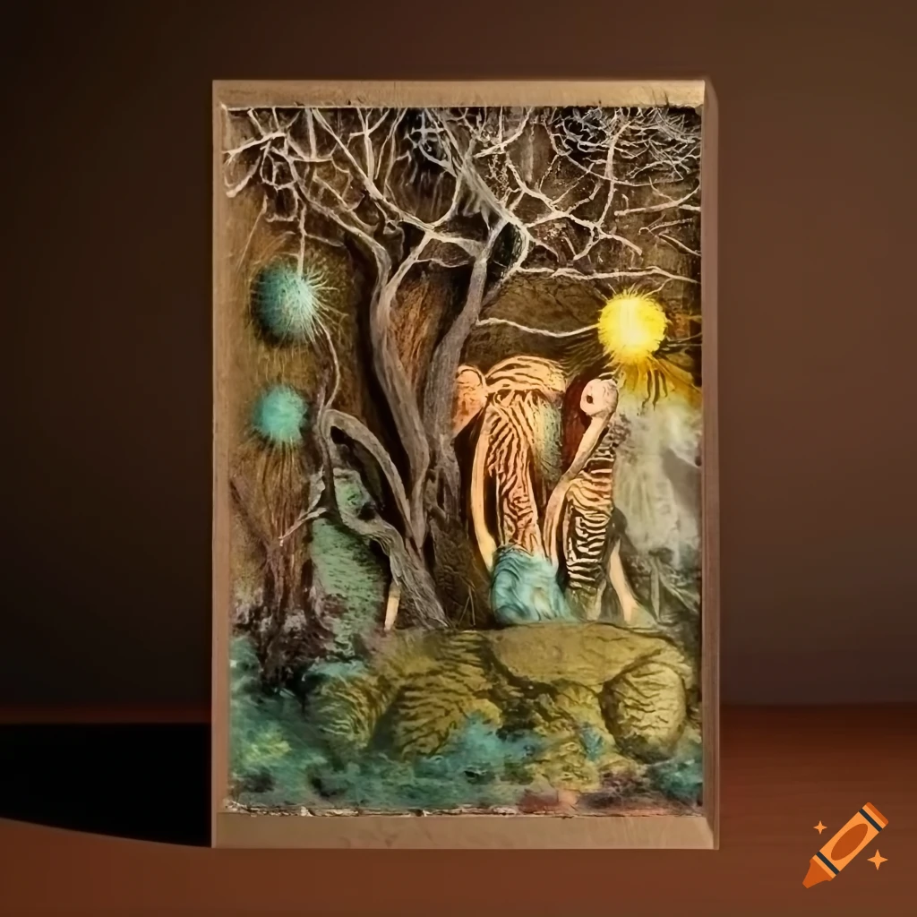 Joseph Cornell diorama inspired by Salish motifs with diverse wildlife and flora on Craiyon