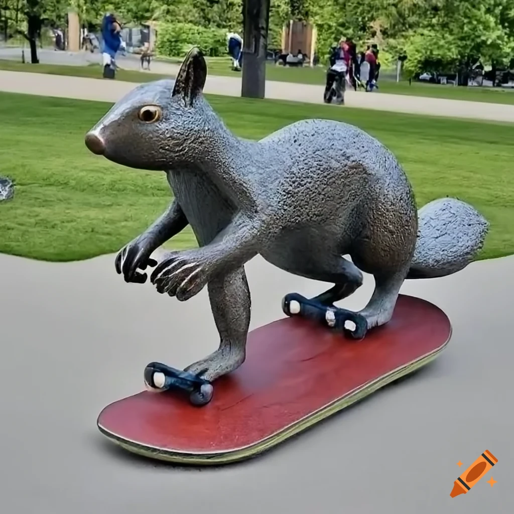 Bronze squirrel monument showcasing skateboard trick in public art display on Craiyon