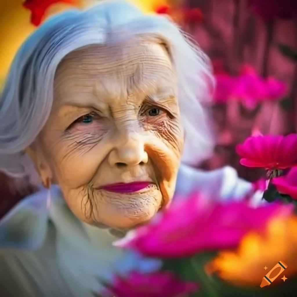Serene old lady amid vibrant blooming flowers on Craiyon
