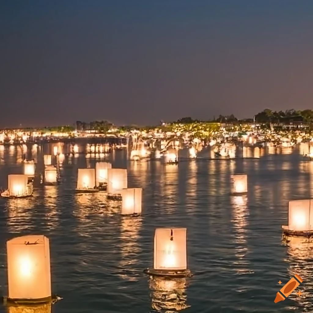 Japanese floating lanterns lighting up the night sky on Craiyon