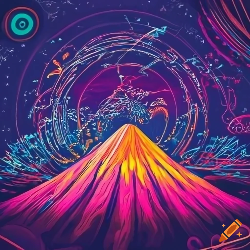 Vibrant Mount Fuji illustration with funky musical elements and bold ...