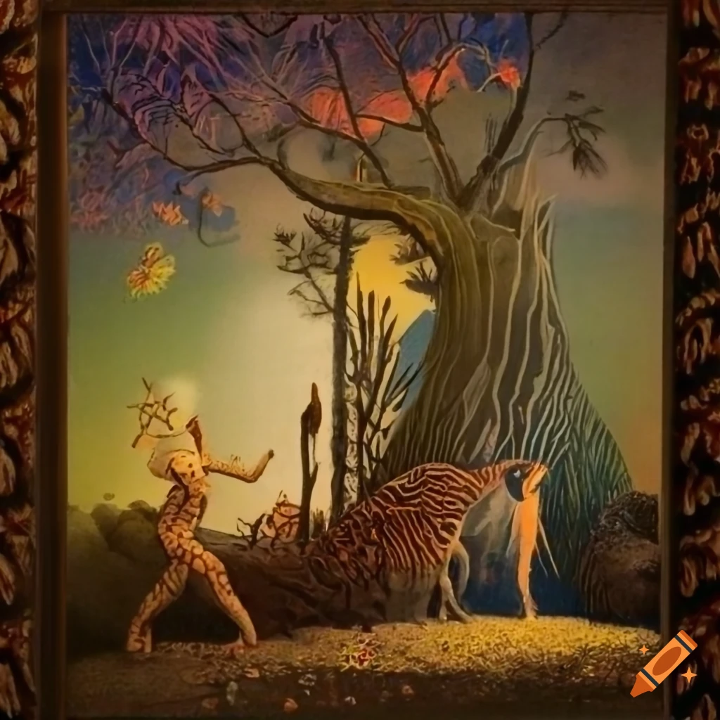 Joseph Cornell diorama inspired by Salish motifs in a lush natural setting with diverse wildlife ...