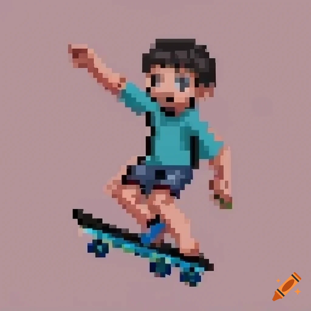 Pixel art of a boy skateboarding on Craiyon