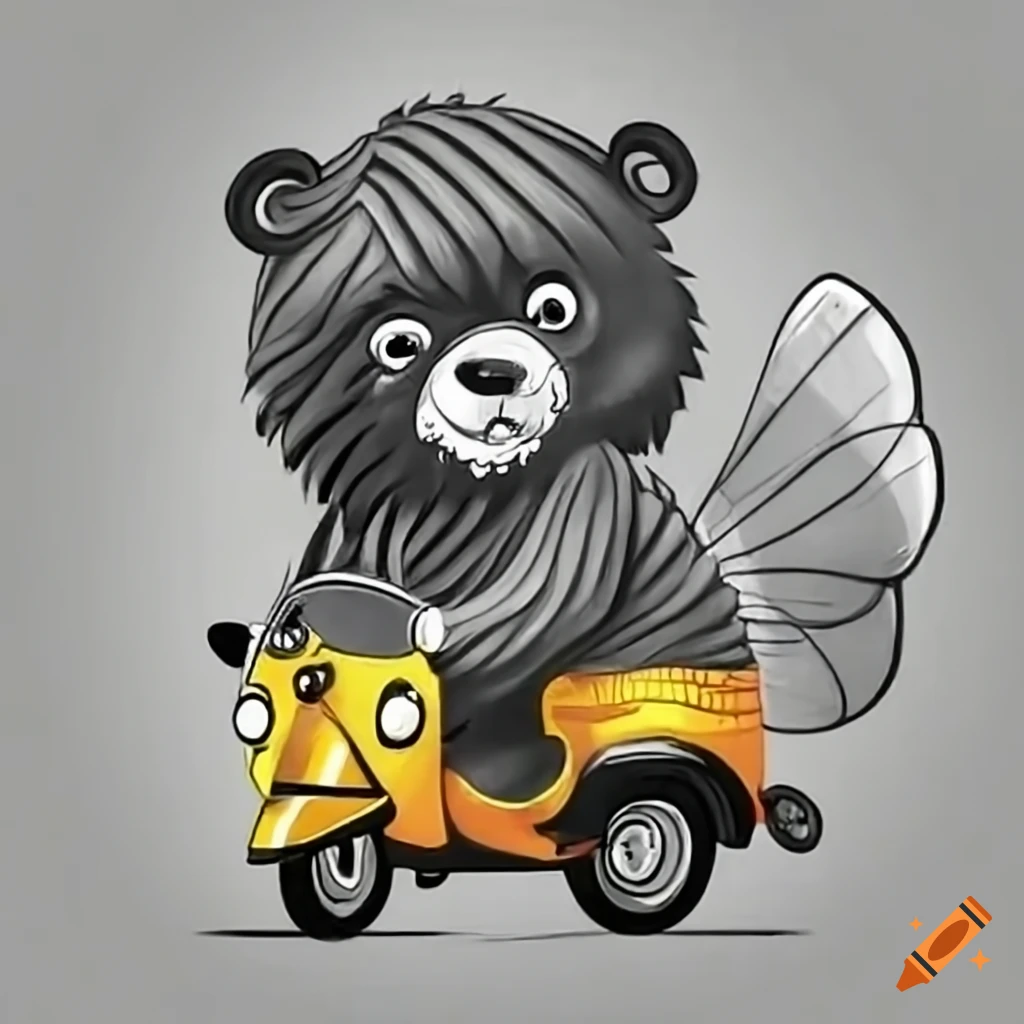 Bear dressed as a bee riding a piaggio ape on Craiyon