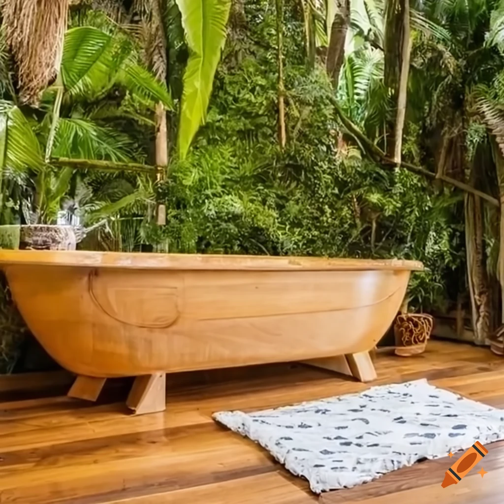 Cozy jungle-themed bathroom with wooden floor, bathtub, and toilet on Craiyon