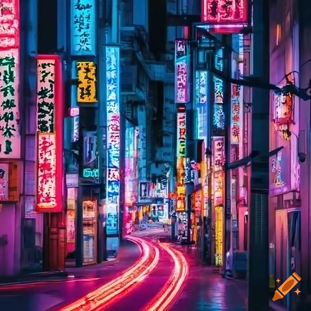 Dynamic cityscape with neon lights and bustling streets in Tokyo, Japan ...