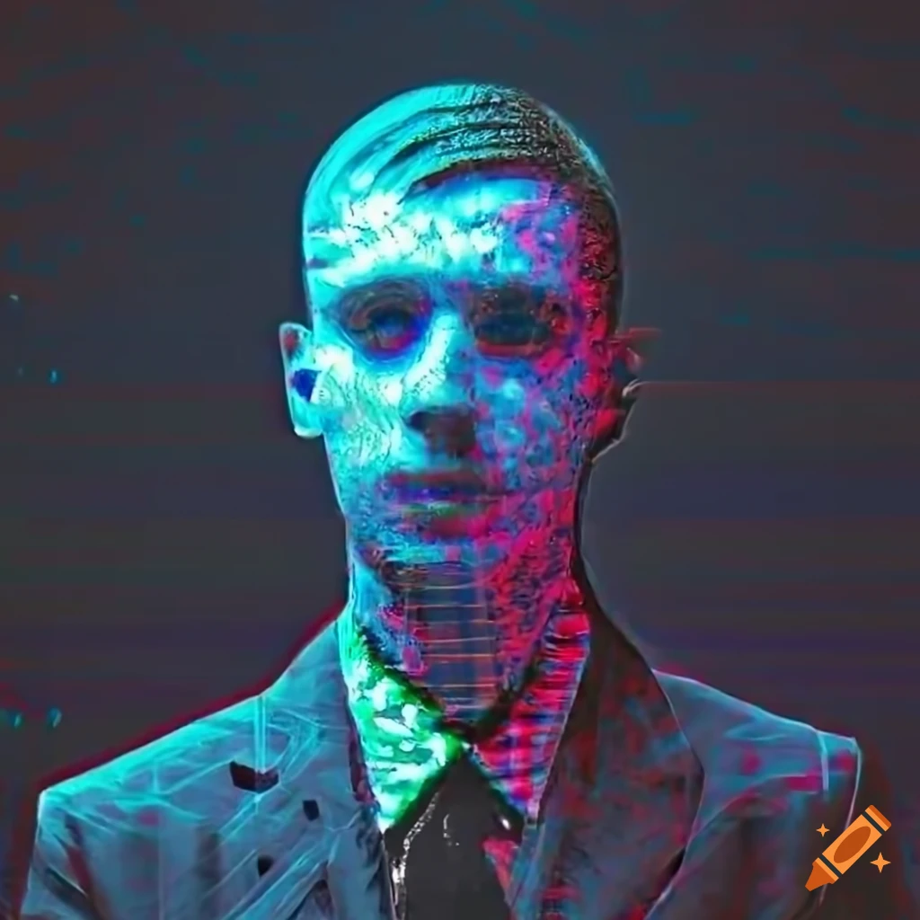 Retro hologram portrait in sharp suit with glitch and double exposure ...