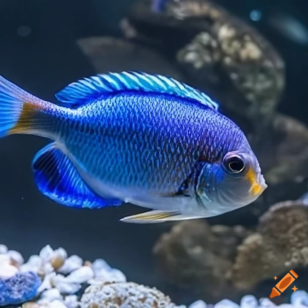 Blue tropical fish in heart-shaped aquarium on black background on Craiyon
