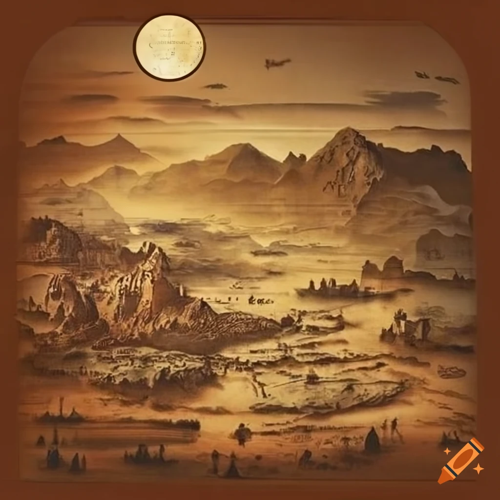 Antique map showcasing vast landscapes and historical wonders with a ...