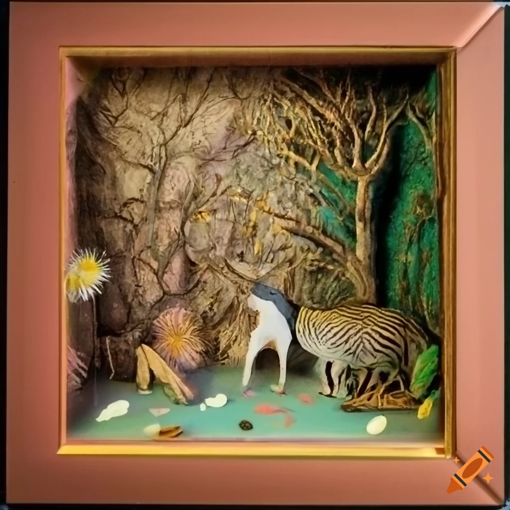 Joseph cornell inspired 3d diorama of magical forest with salish motifs on Craiyon