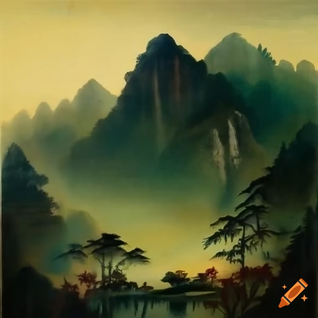 Chinese painting of a lake, forest, and mountains on Craiyon