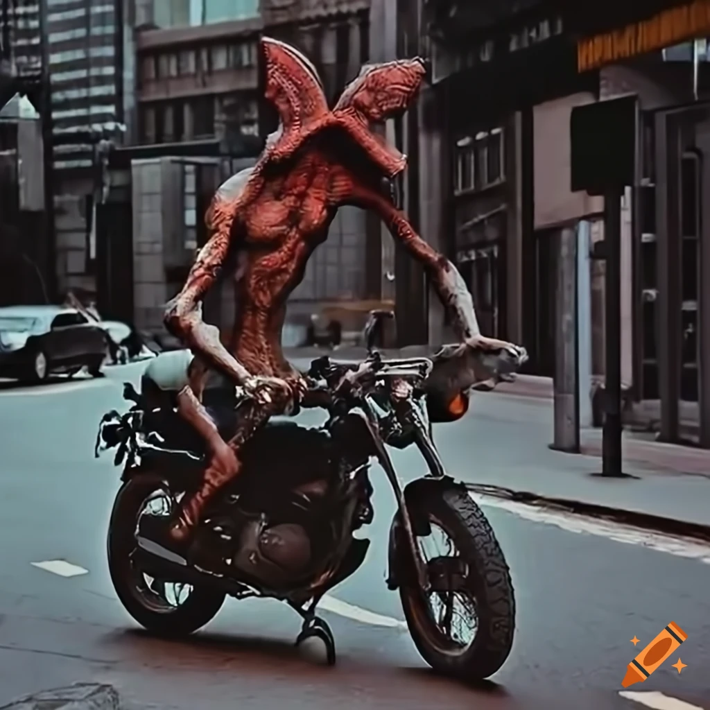 Dog on a motorcycle in the Stranger Things city with a demogorgon ...