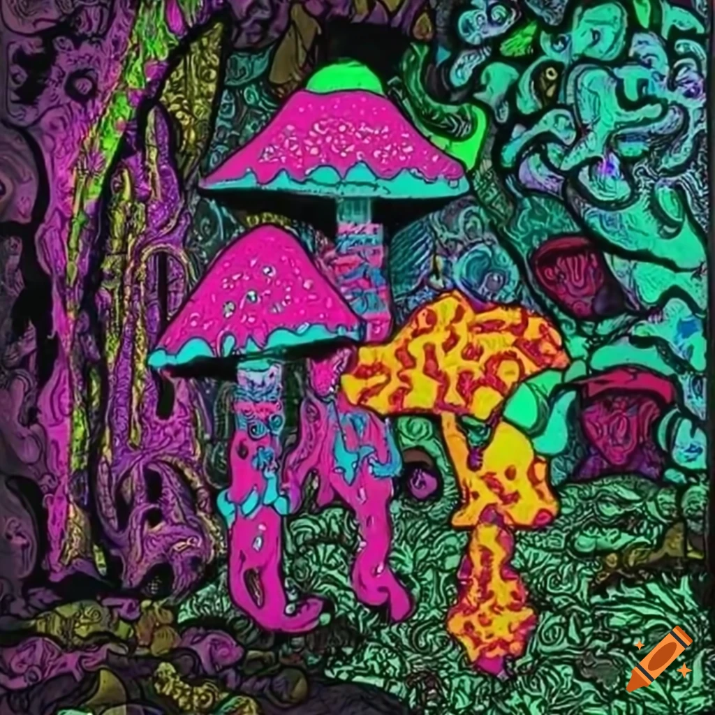 Psychedelic shrooms trip with dripping visuals on Craiyon