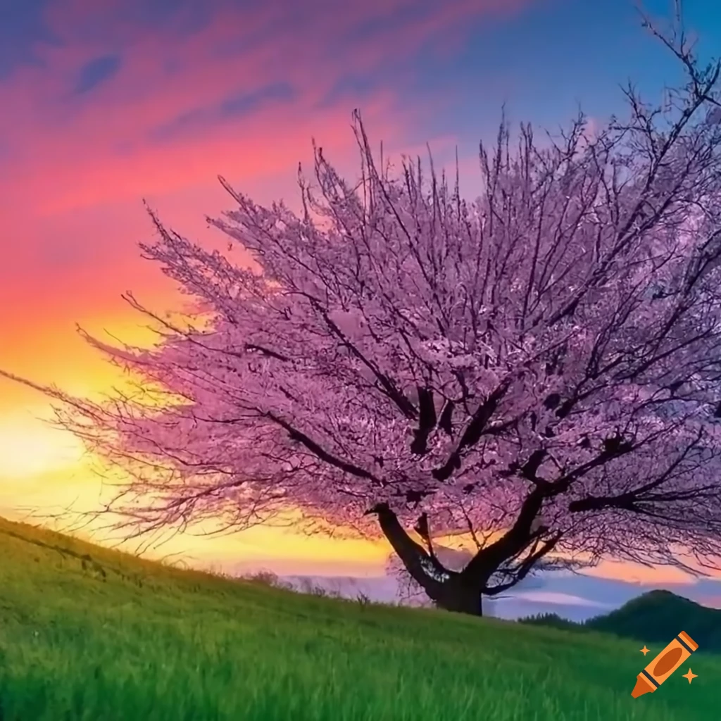 Sunset on grassy hill with sakura tree in japan on Craiyon