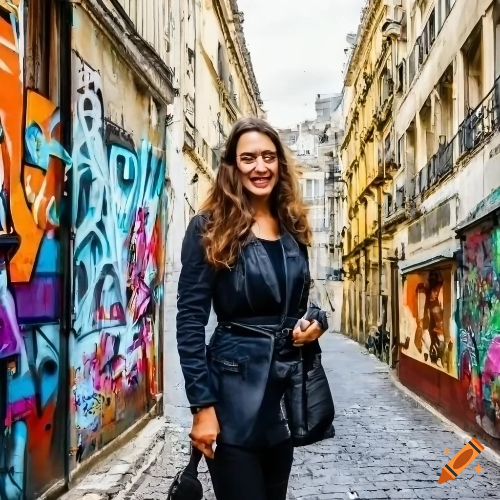 Tourist woman exploring colorful alley with graffiti in Paris on Craiyon
