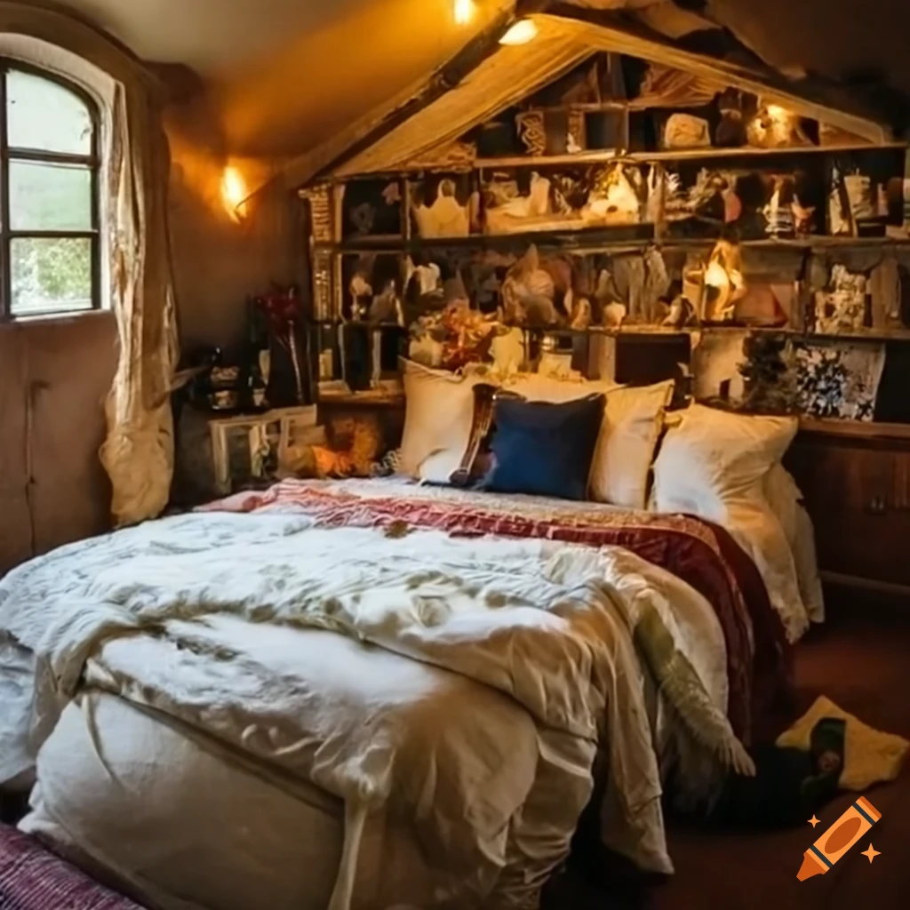 Cozy hobbit bedroom with bright fireflies on Craiyon