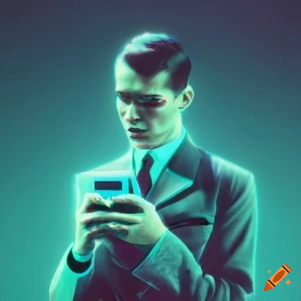 Hologram polaroid of a stylish man or woman from the 1960s with a time travel device in a ...