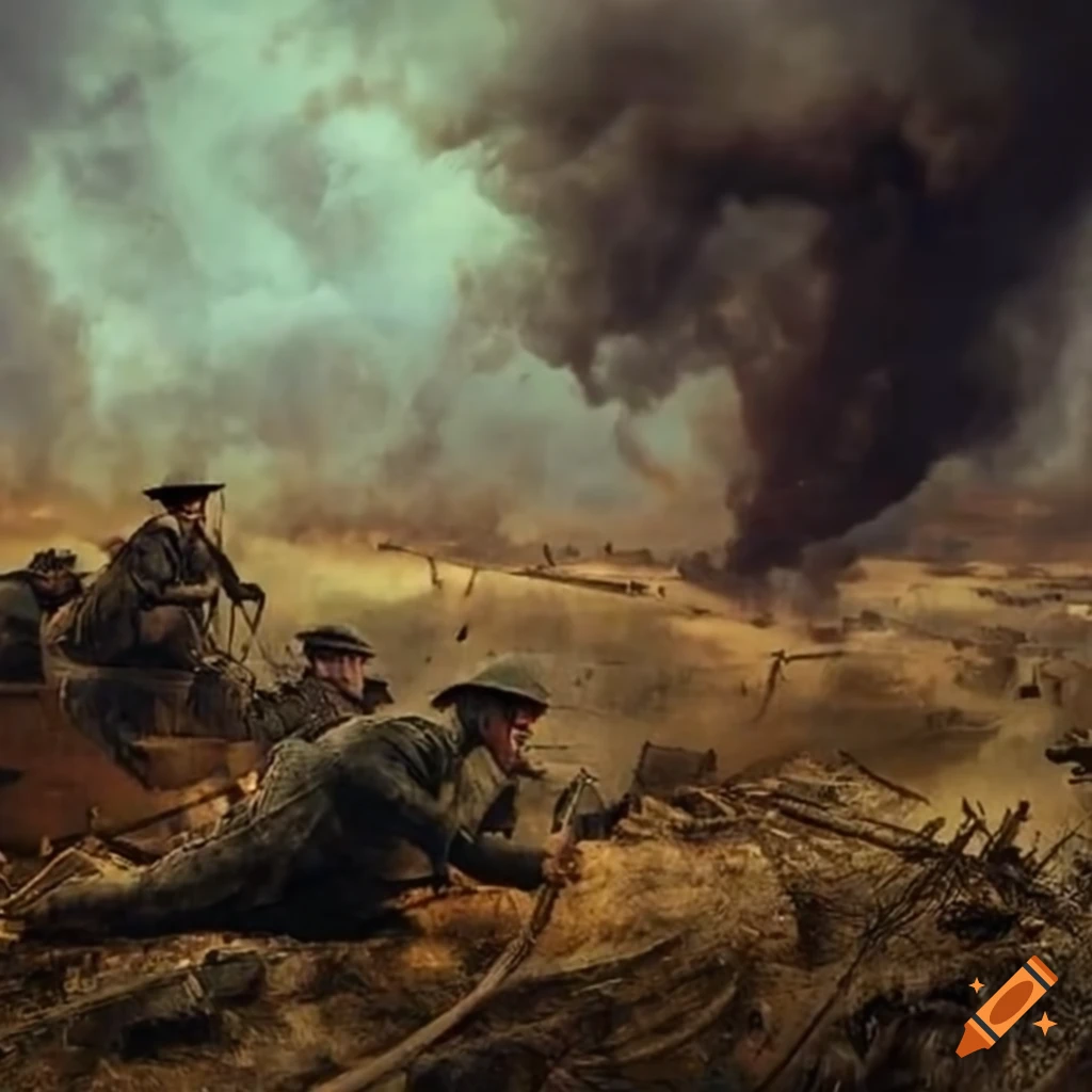 Historic wwi battlefield with smoke and tanks in combat on Craiyon