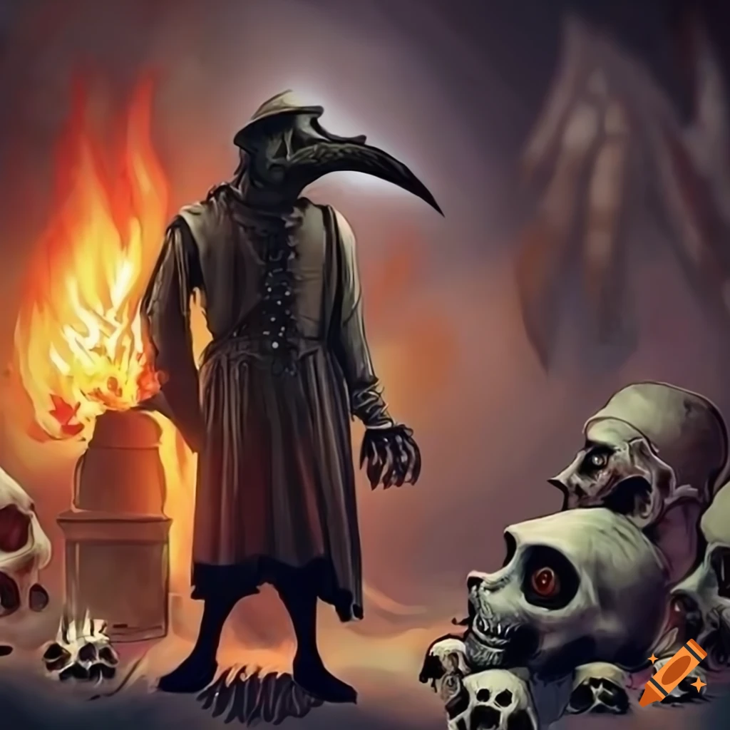 Physician in historical clothing with a fiery plague burner amidst ...