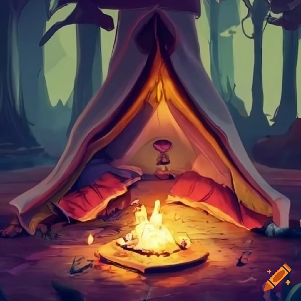 Cozy fantasy camp for adventurers at dusk on Craiyon