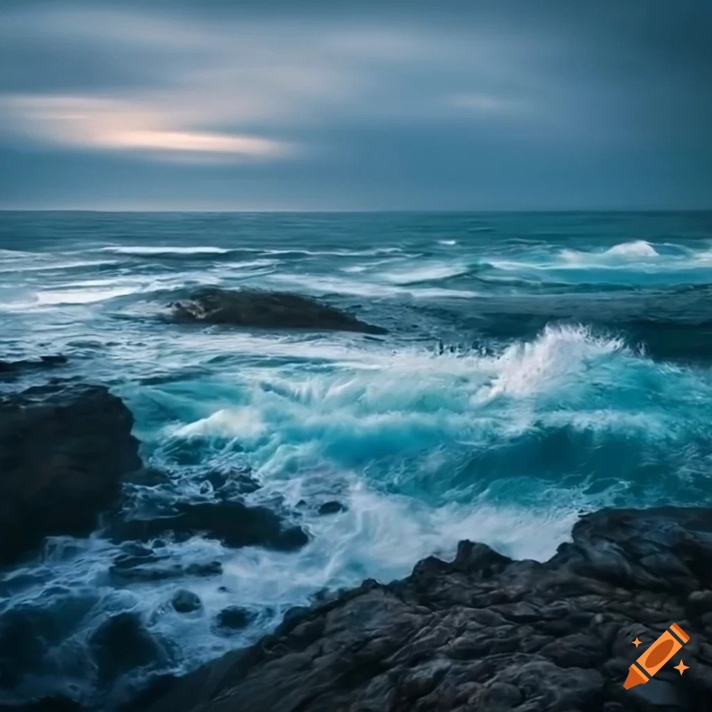 Vast ocean with powerful waves crashing against rocky coastline on Craiyon