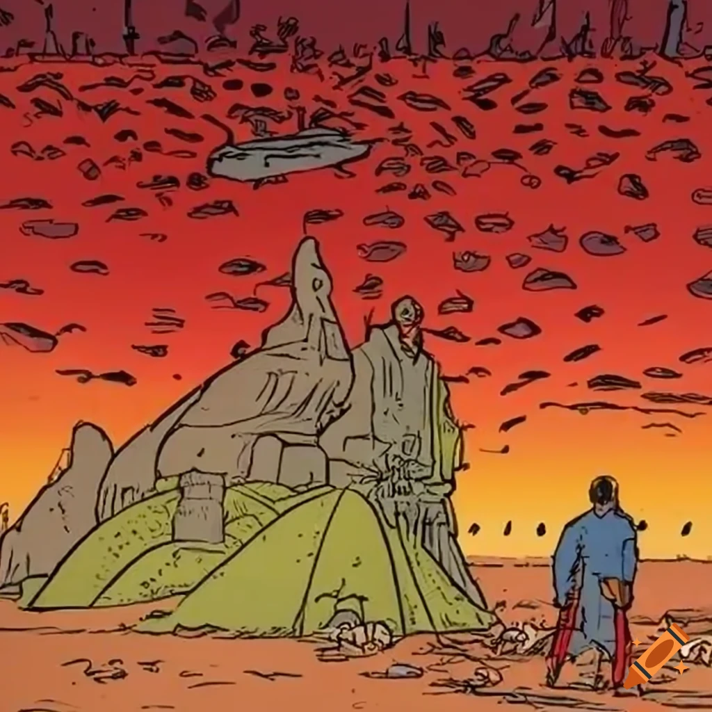 Comic book scene in moebius style on Craiyon
