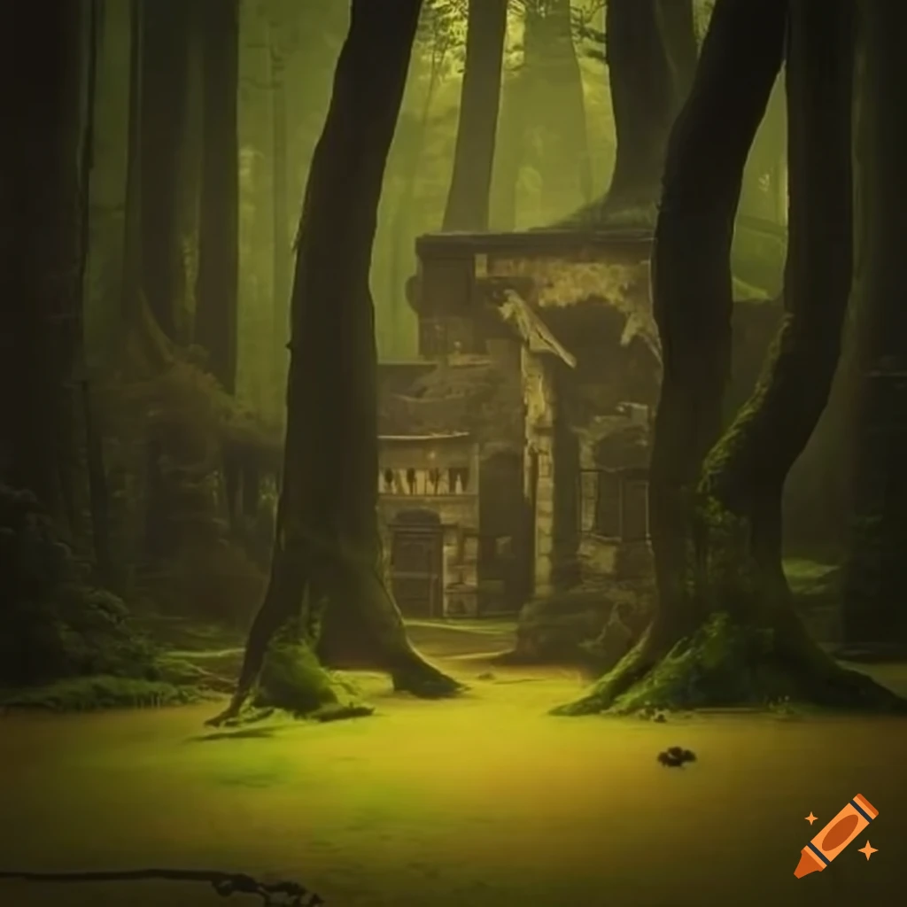 Huge ancient building symbiotically integrated into a bright forest on ...