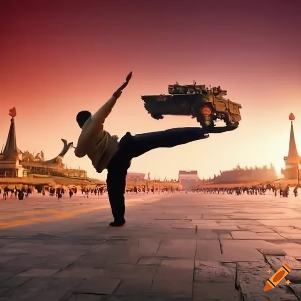 Tiananmen square tank man in front of tank on Craiyon