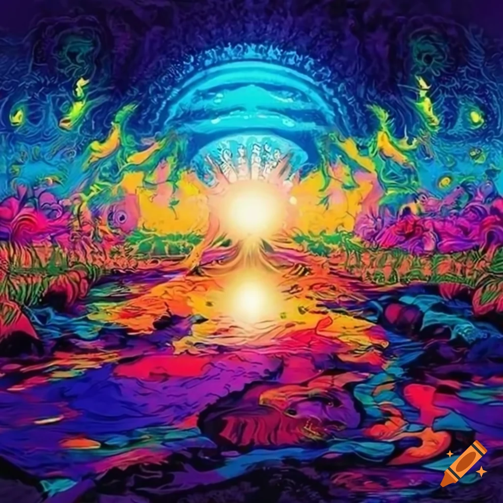 Trippy river flowing through a sun-filled field in a psychedelic ...