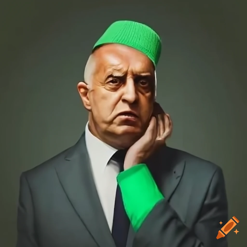 Bulgarian president Rumen Radev with a green sock hat screaming on Craiyon