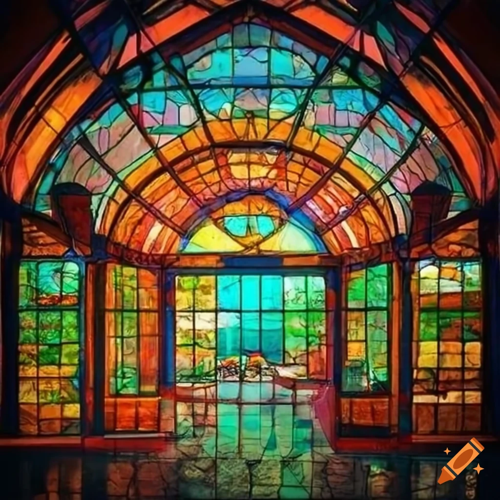 Colorful stained glass greenhouse structure on Craiyon