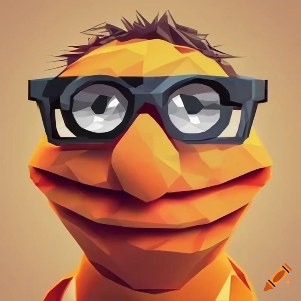 Ominous muppet with glasses in a low polygon style on Craiyon