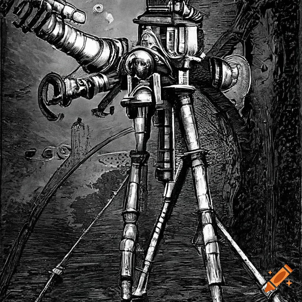 Steampunk tripod machine inspired by war of the worlds on Craiyon