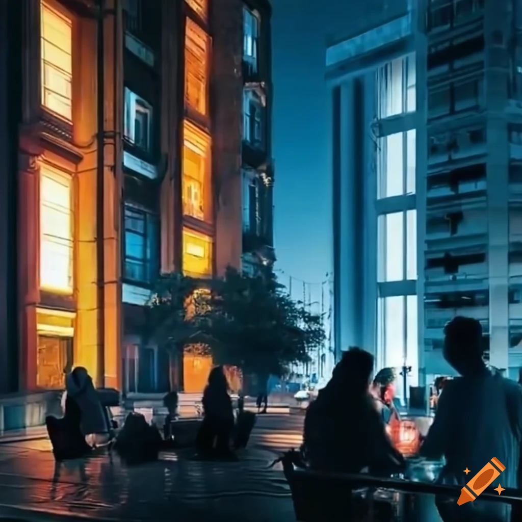 Crowd gathering behind tall apartment buildings on Craiyon