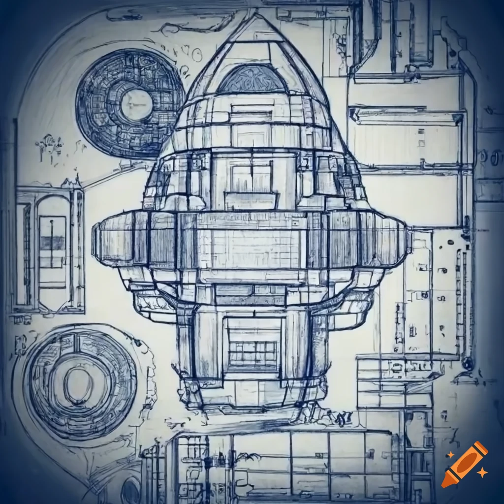 Blueprint of an interstellar spaceship with complex construction and ...