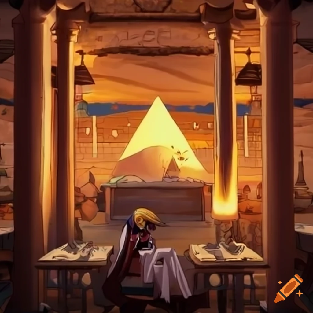 Anime egyptian outside restaurant with pyramid style on Craiyon