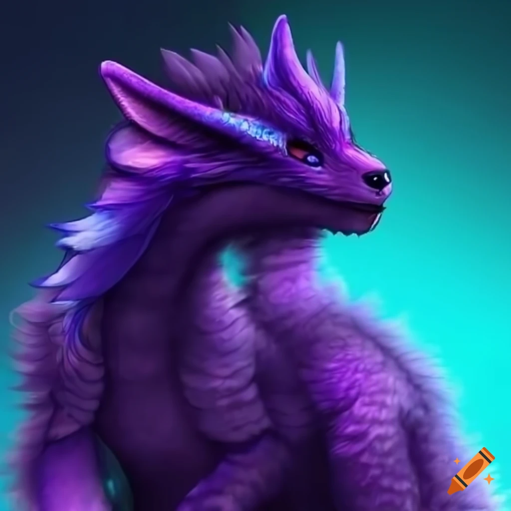Mythical cute wolf-dragon with purple scales and aqua-green wings on ...
