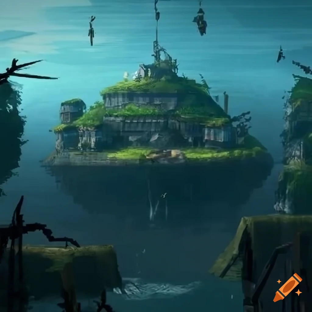 Military walled base on a floating island with xx century ...