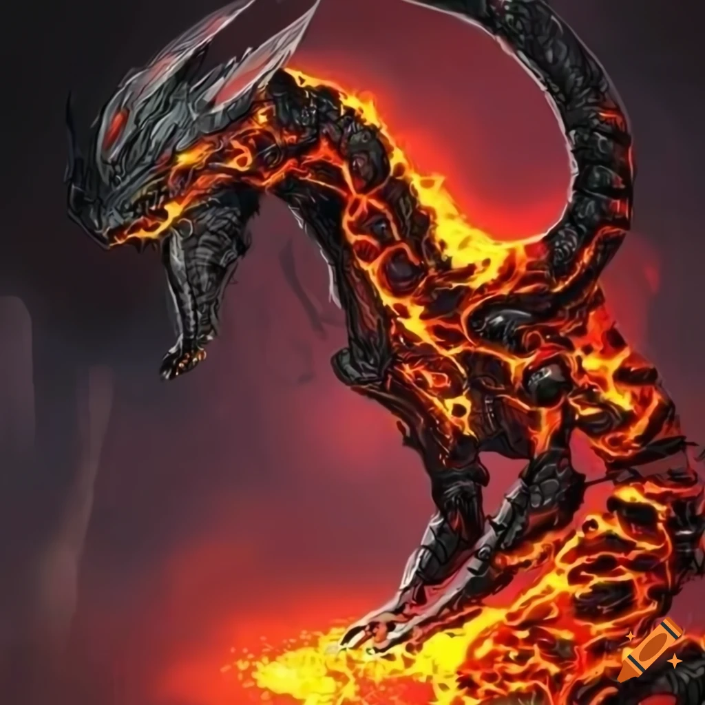 Robotic lava magmatic dragon cyborg in anthropomorphic form on Craiyon
