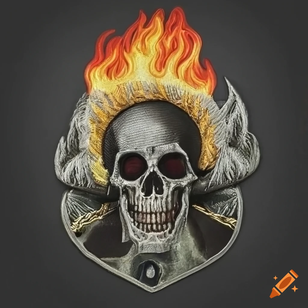 Diamond shaped badge with helldiver skull, flames, and swords on Craiyon
