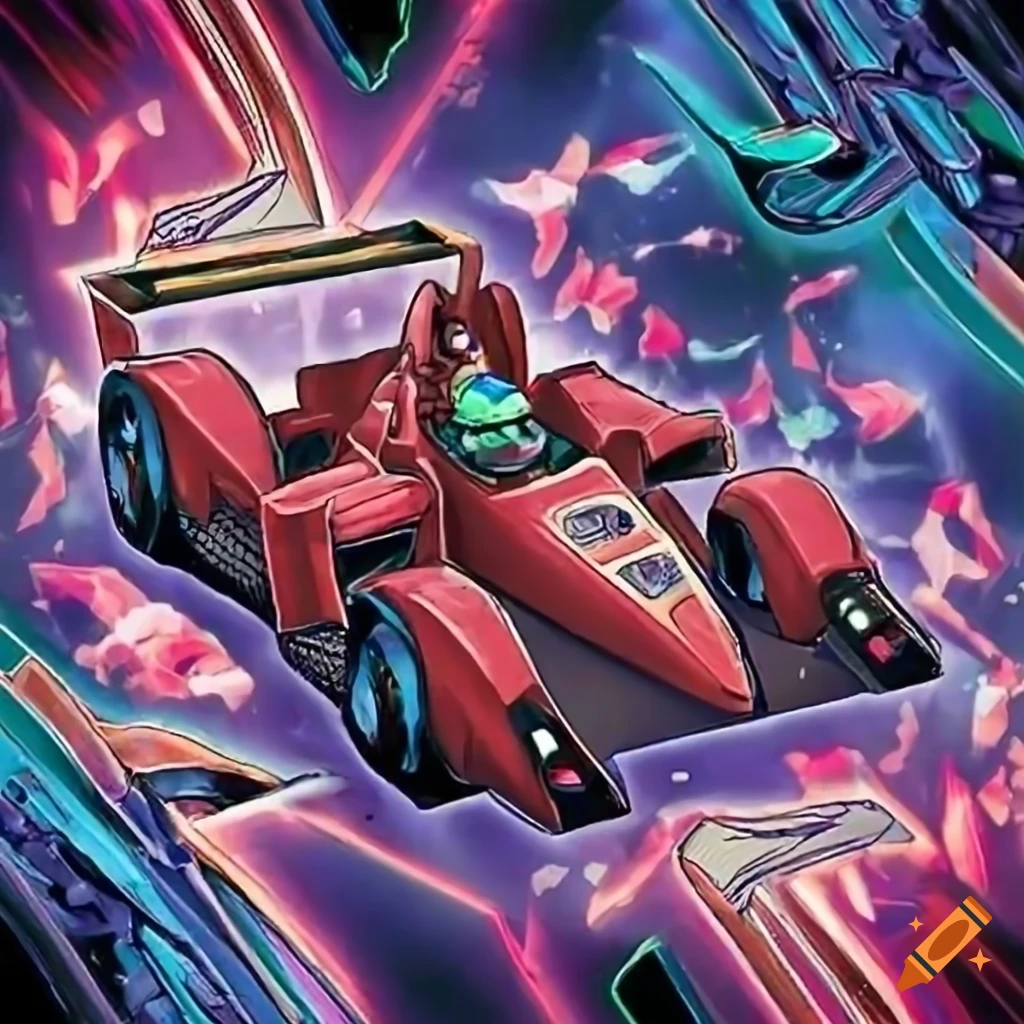 F-1 race car illustration in Yu-Gi-Oh card artwork style on Craiyon
