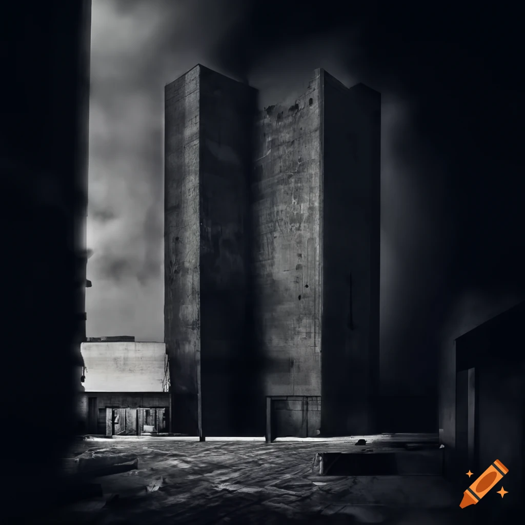 Brutalist concrete megastructure with a hospital facade in a dystopian ...