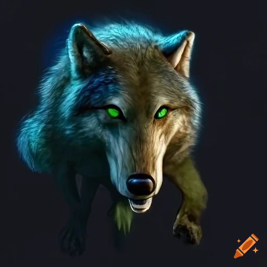 Large dire wolf with glowing green eyes and round snout on Craiyon