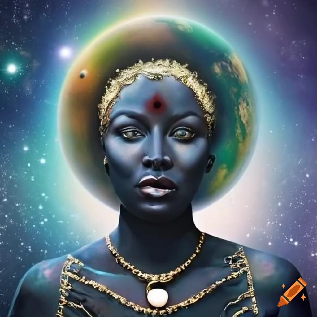 Black goddess surrounded by planets in a celestial setting on Craiyon