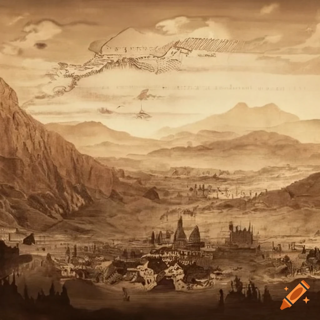 Antique map showcasing vast landscapes and historical wonders with a ...