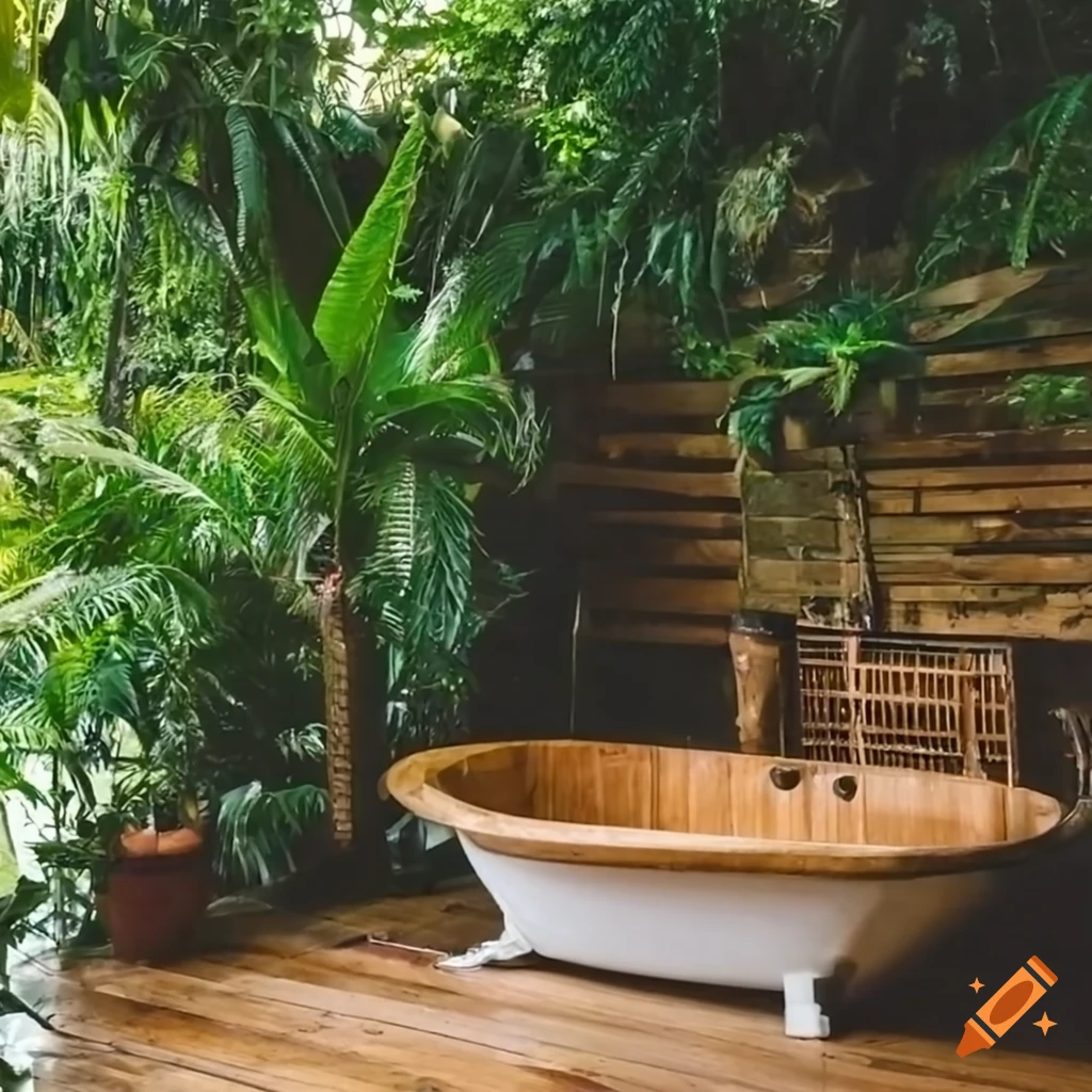 Cozy jungle-themed bathroom with wooden floor, bathtub, and toilet on Craiyon