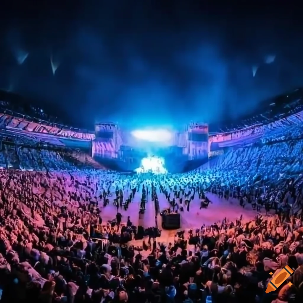 Bird's eye view of a concert in a packed arena on Craiyon