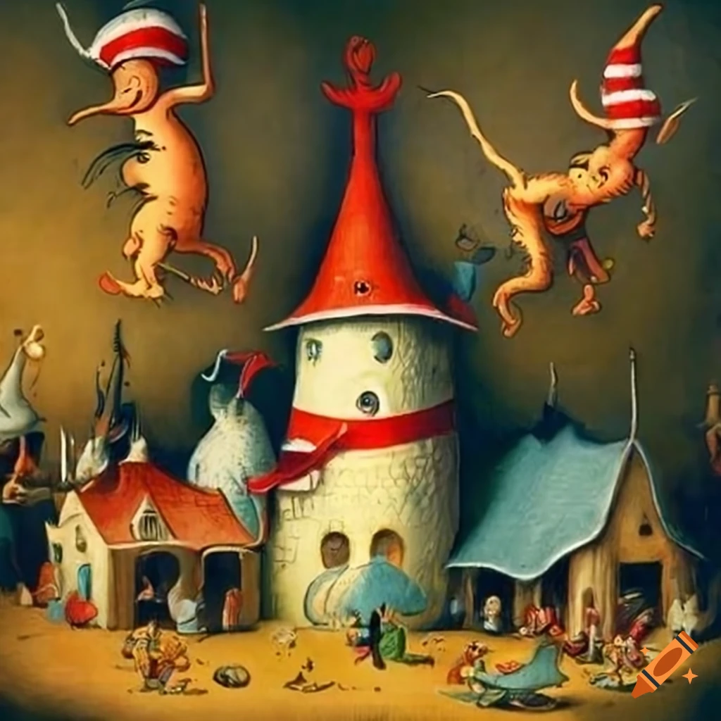 Whimsical village scenery inspired by hieronymus bosch and dr. seuss on ...