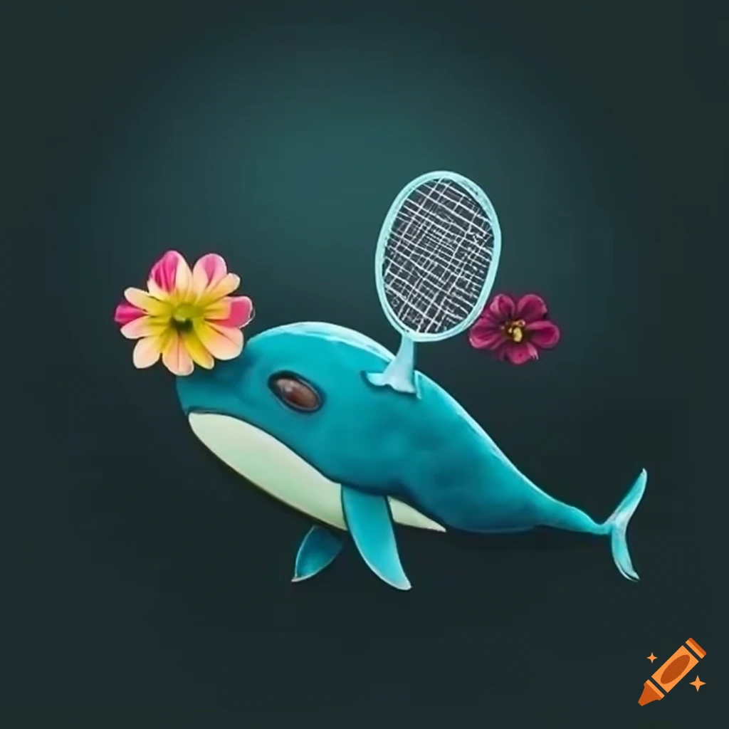 Whale with flowers holding a badminton racket on Craiyon